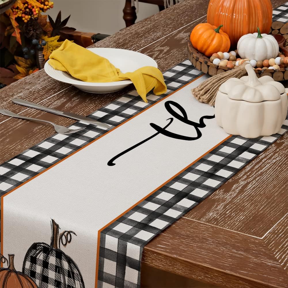 GEEORY Fall Table Runner 13x72 Inch, Buffalo Plaid Check Pumpkins Thanksgiving Farmhouse Table Decoration for Kitchen Dinning, Indoor Outdoor Dinner Party (Orange Pumpkins) GT121-72