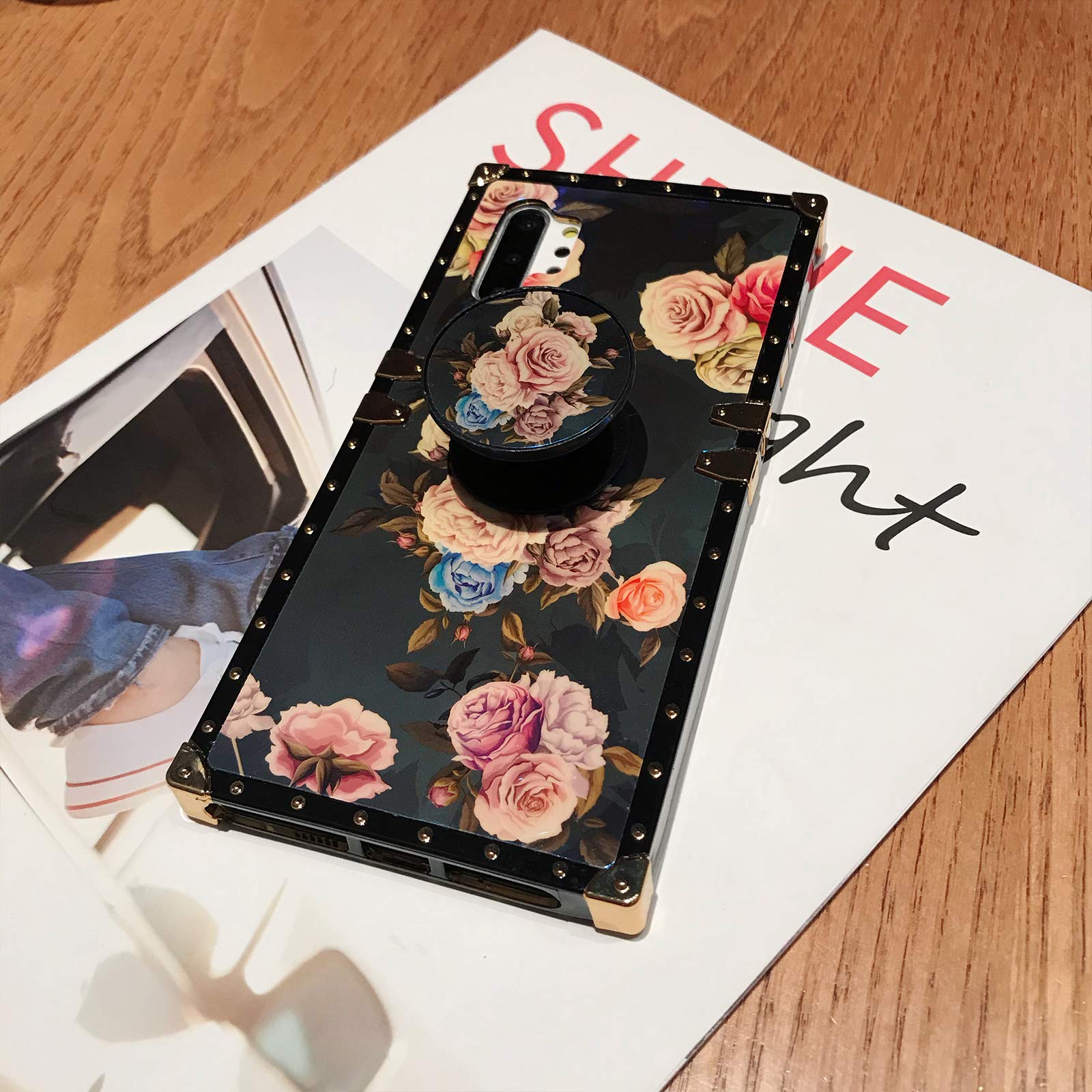 Galaxy Note 10 Plus 5G Square Case with Stand Holder Rose Floral Flower Luxury Elegant Soft TPU Shockproof Protective Metal Decoration Corner Back Phone Case Women Girls Lady for Galaxy Note 10+ 5G