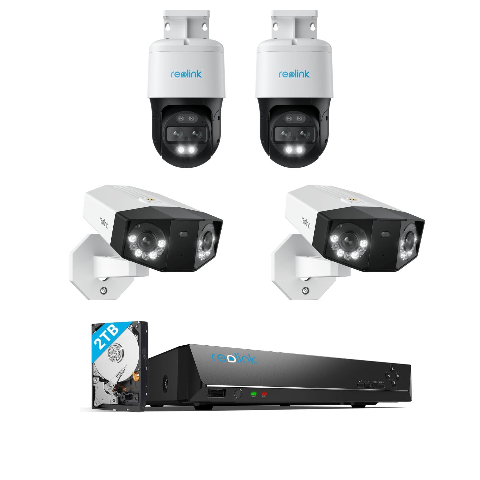 REOLINK 4K Dual-Lens Security Camera System, 2X Duo 2 PoE with 180° Ultra-Wide Angle, Bundle with 2X Trackmix PoE with 6X Hybrid Zoom & Auto Tracking and 1x RLN8-410 NVR (2TB HDD)