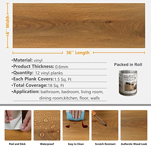VEELIKE 12-Pack 6''x36'' Peel and Stick Floor Tile Bathroom Waterproof Natural Brown Wood Look Vinyl Plank Flooring Self Adhesive Removable Wood Vinyl Flooring Planks for Bedroom Kitchen Basement