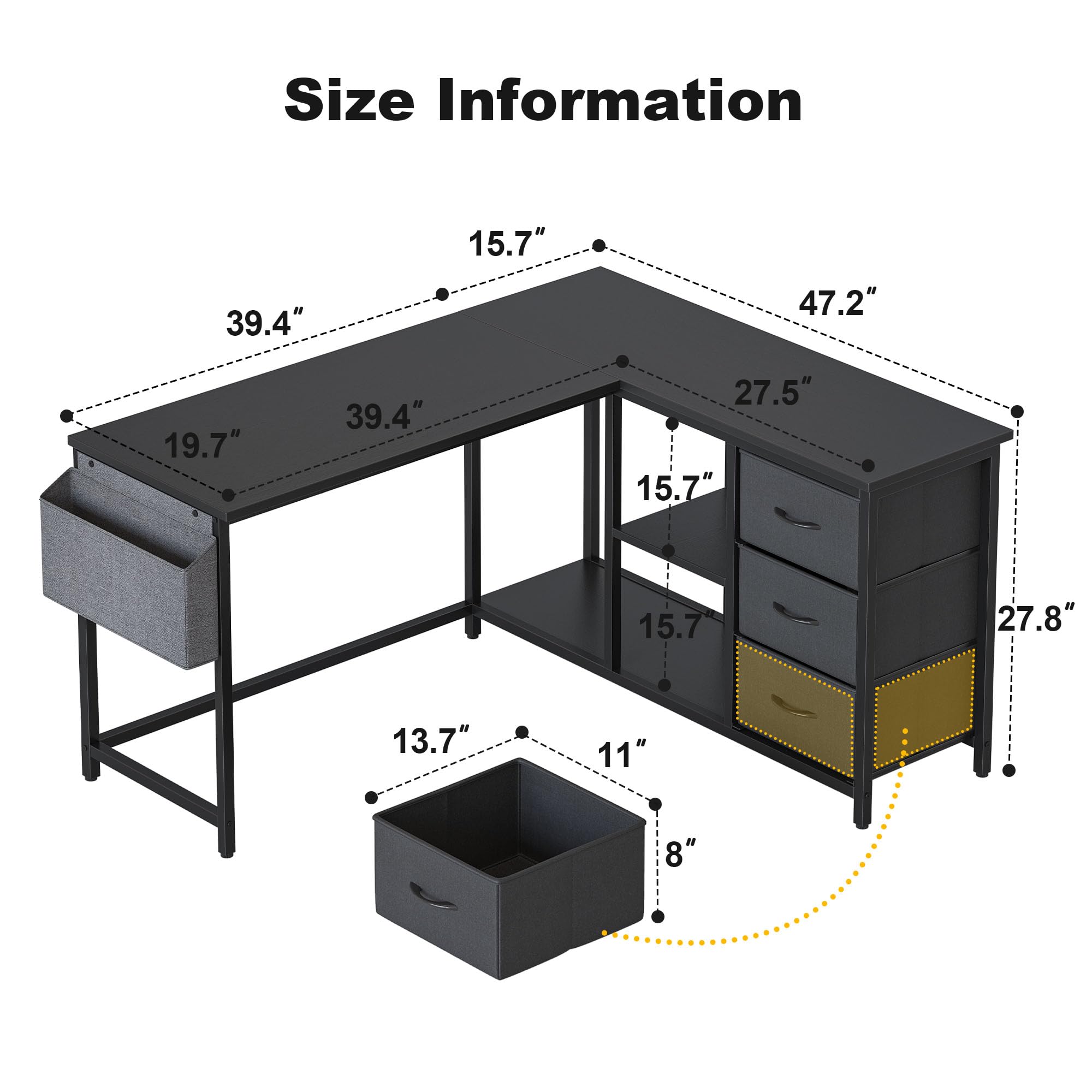 Treesland L Shaped Desk with Drawers, Computer Desk with Storage & Shelves, Corner Desk with Storage, Home Office Desks with Drawers, L Shape Desks with Storage, Black