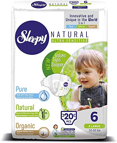 SOHO|Sleepy Natural Baby Diapers, Made from Organic Cotton and Bamboo Extract, Ultimate Comfort and Dryness, Disposable Diapers (Size 6 | 20 Count | Child Weight 33-55 lbs)