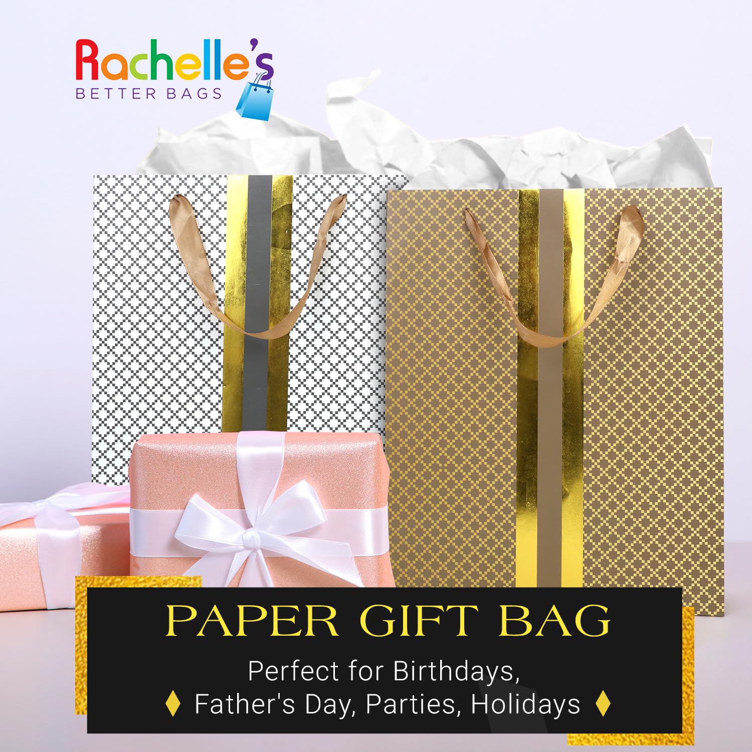 RACHELLE'S Elegant & Classy Paper Gift Bag Assortment with Tissue Paper β 4 Pack of Premium Quality & Sturdy Large Bags Great for Birthdays, Anniversaries, Christmas, Father's Day, Holidays β Black,