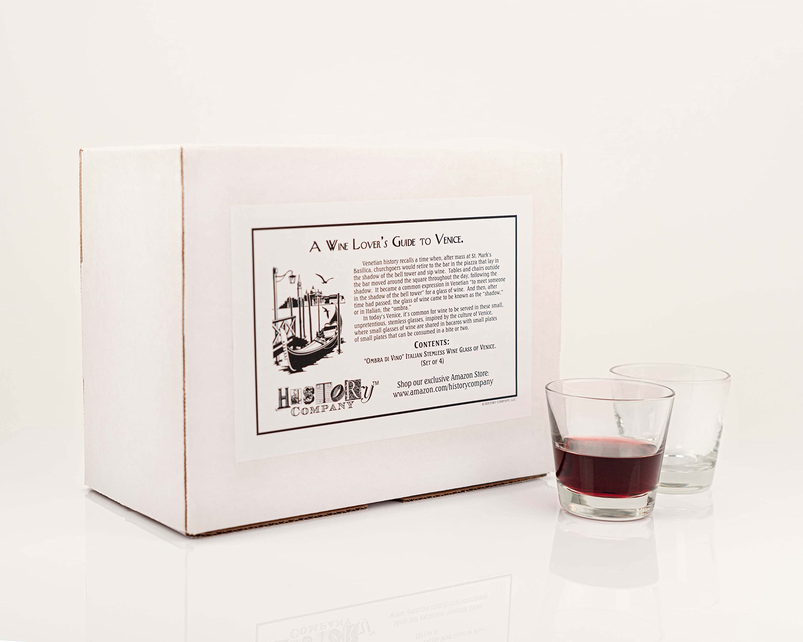 HISTORY COMPANY Ombra di Vino Traditional Italian Stemless Wine Glass of Venice, 4-Piece Set (Gift Box Collection)