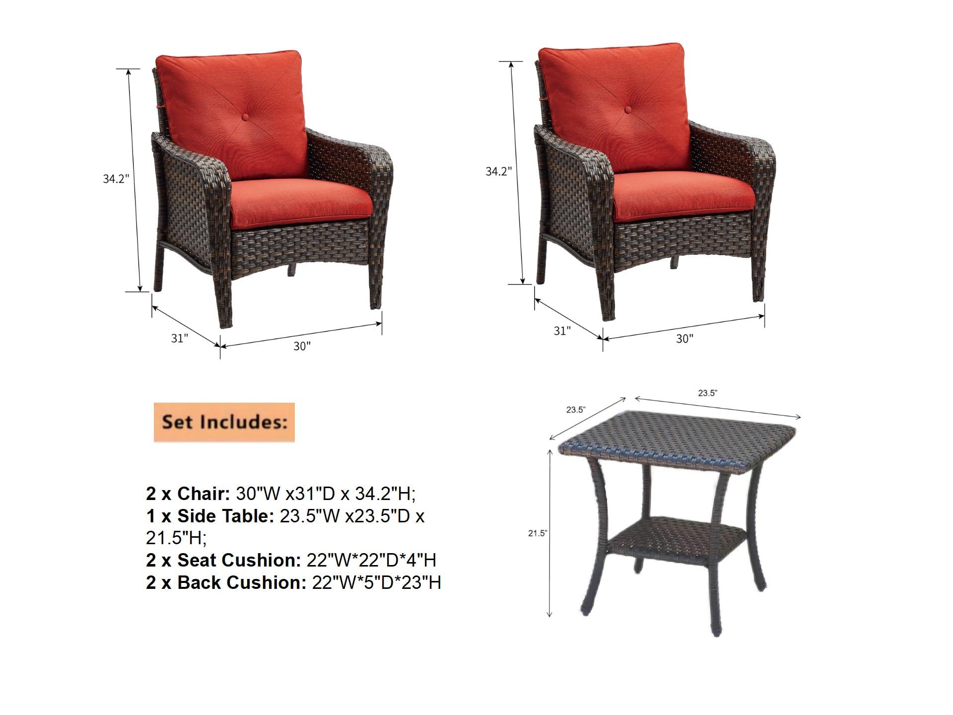 HUMMUH Outdoor Wicker Patio Chairs Set of 2 with Side Table,PE Rattan Bistro Table and Chairs for Yard Backyard Lawn Porch