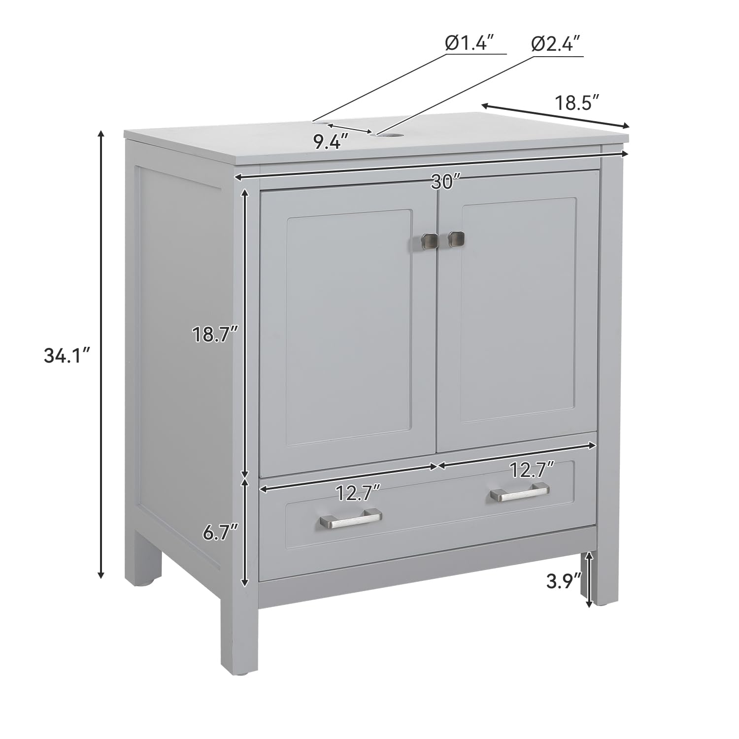 Puluomis Bathroom Vanity, 30 inches Gray Stand Bathroom Cabinet Vanity with 2 Doors and a Drawer, Multifunctional Storage Bathroom Cabinet with Gold Boat Shape Sink Top