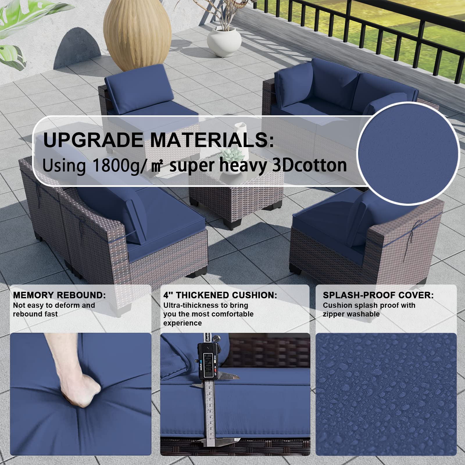 Kullavik 7 Pieces Outdoor Patio Furniture Set Sectional Rattan Sofa Brown Manual Wicker Patio Conversation Set with Navy Blue Cushions,1 Tempered Glass Tea Table and Cushions Covers