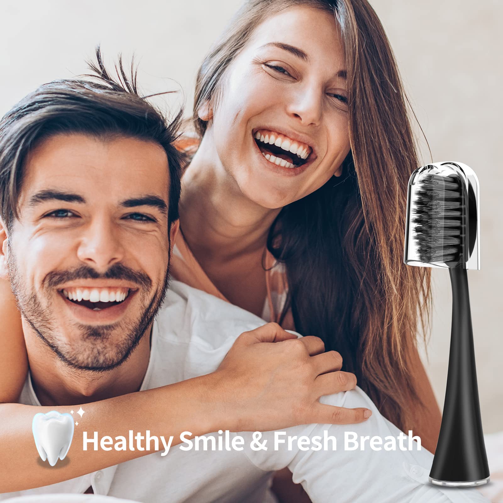 Replacement Toothbrush Heads for Burst Sonic Toothbrush with Dust Cover Caps, Charcoal Soft Bristles for Deep Clean, Stain & Plaque Removal, Pack of 10, Black