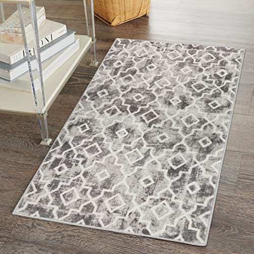 Wonnitar Moroccan Washable Area Rug - Small 2x3 Grey Distressed Entryway Rug Non-Slip Doormat Modern Geometric Trellis Throw Rug Faux Wool Floor Carpet for Bathroom Laundry Room Indoor Office