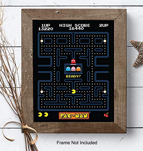 Pacman Arcade Game Poster - 8x10 Pac Man Wall Decor - Cool Unique Gift for Boys, Men, Gamer, Video Game, Arcade Games, Xbox, Nintendo, Gaming Fan - Game Room Decor