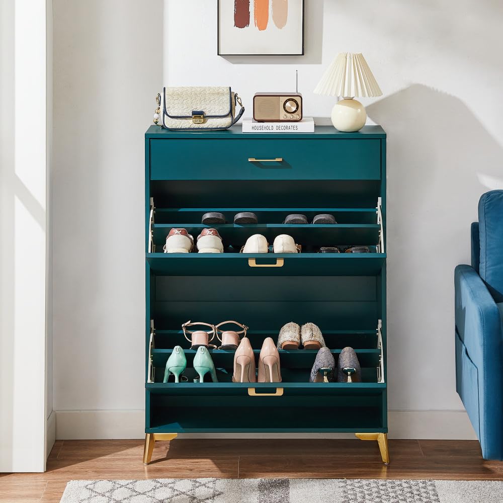 SPOFLYINN Shoe Storage Organizer Freestanding 8 Pair Storage Organizer with 2 Flip Door for Entryway Hallway Bedroom 32 x 10 x 43in Green