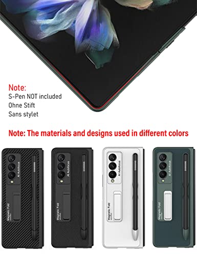 KumWum Phone Case for Samsung Galaxy Z Fold 3 5G Ultra-Thin Back Cover Protection Shockproof Bumper with S Pen Holder & Kickstand - Carbon Fiber