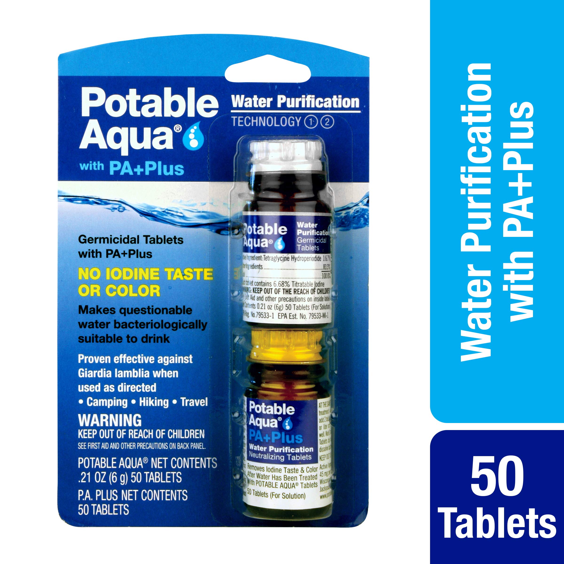 LifeStraw Personal Water Filter for Hiking, Camping, Travel, and Emergency Preparedness, 2 Pack, Blue & Potable Aqua Water Purification Tablets with PA Plus - Two 50 Count Bottles