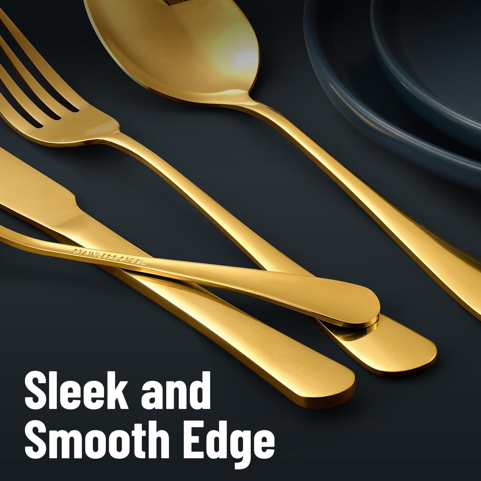 SDOM Silverware Set, Mirror Finish 24-Piece Stainless Steel Rounded Flatware Set for 6, Food-Grade Tableware Cutlery Set, Utensil Sets for Home Restaurant, Dishwasher Safe(Gold)