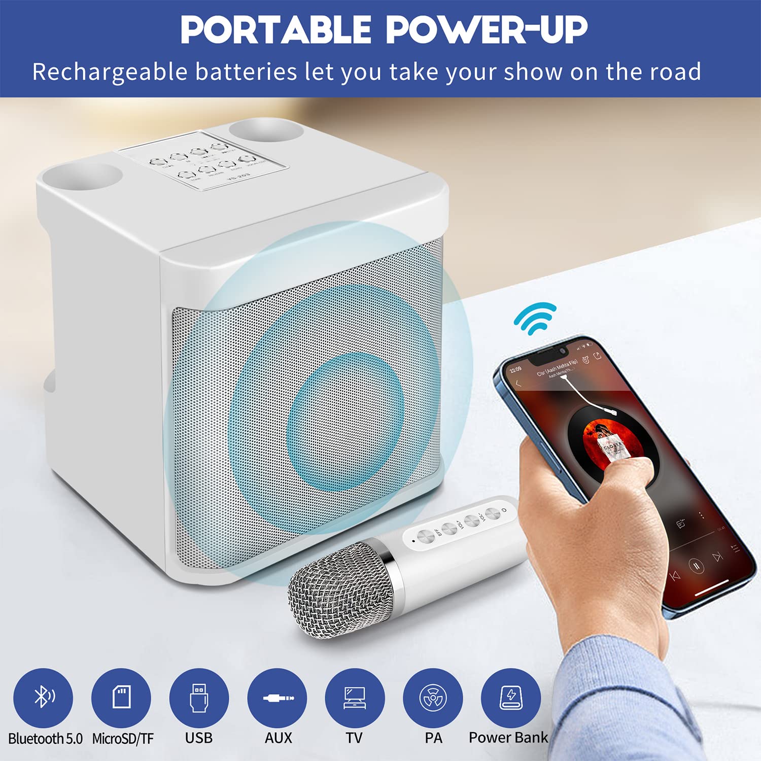 Karaoke Machine with 2 Wireless Microphone,Portable Bluetooth Speaker with HD Sound PA System Support Echo and Vocal Cut,USB,SD, AUX input for Party, Meeting, Wedding, Home and Outdoor (White)