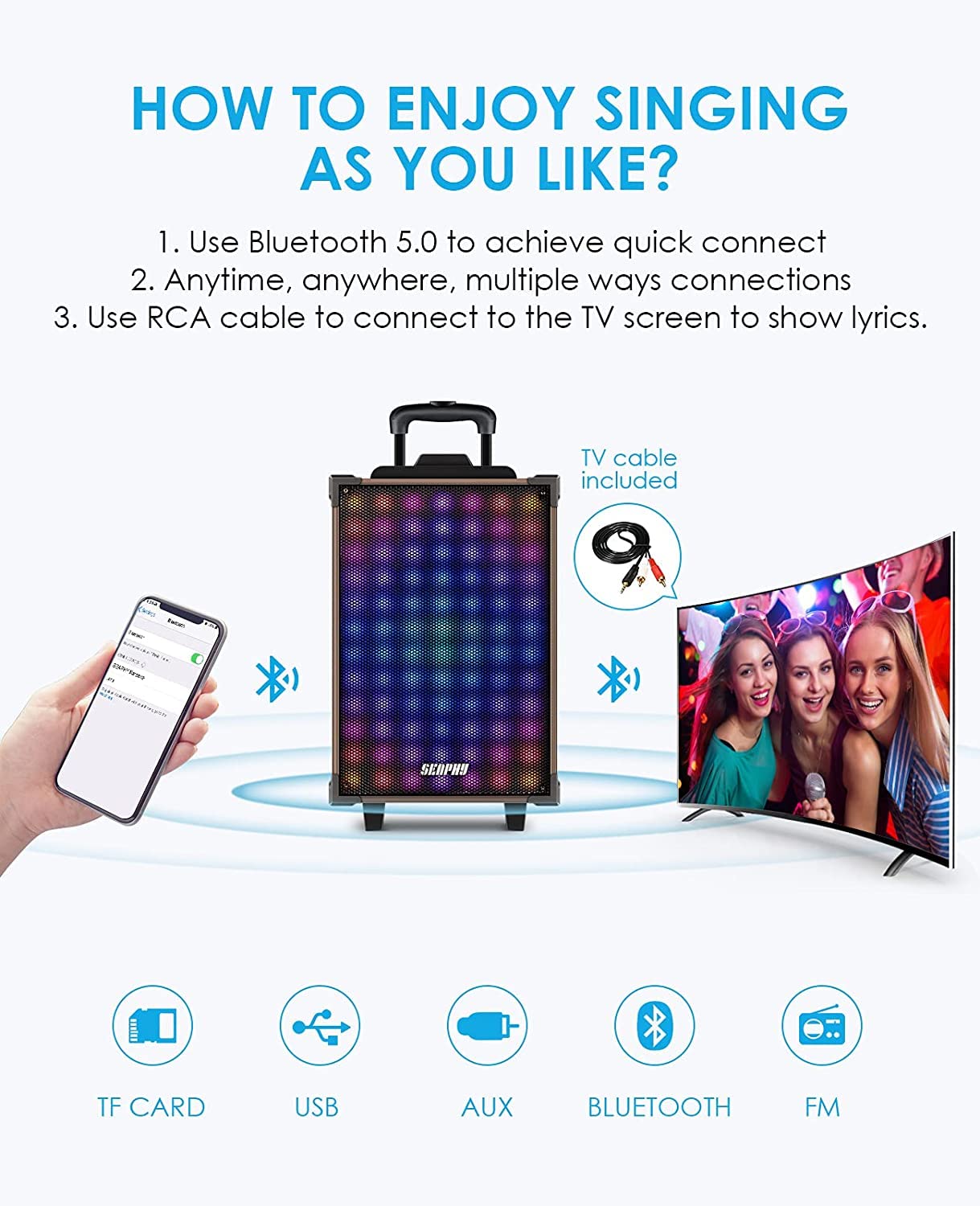 Karaoke Machine for Adults and Kids, SEAPHY DJ Lights 10'' Wooden Woofer BT Connectivity Wireless PA Speaker System with 3 Handheld Microphones for Party/Meeting/Performance Cool Disco Light