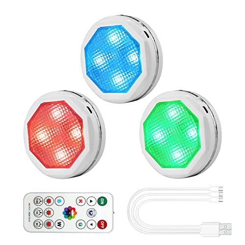 MFOX Under Cabinet Lights Wireless, Puck Lights with Remote Control, LED Color Changing Closet Lights USB Rechargeable, Dimmable LED Ceiling Lights for Bedroom