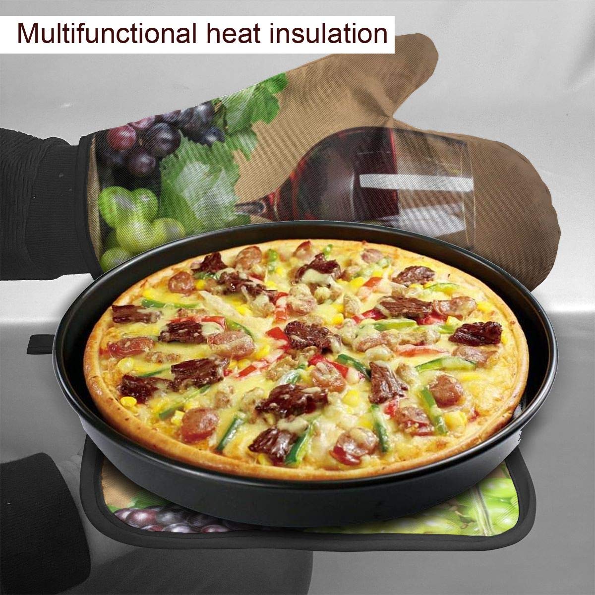 Grape Wine Red and White Oven Mitts and Pot Holders Sets,Heat Resistant Non-Slip Cooking Gloves with Cotton Lining for Kitchen Baking Grilling BBQ