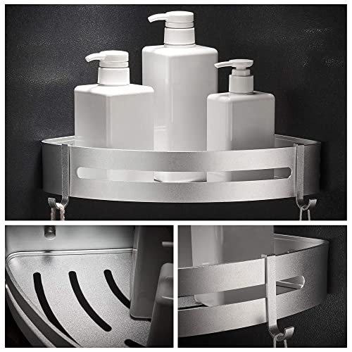 pentaQ 2 Pack Corner Shower Shelves with 8 Removable Hooks, No Drilling Adhesive Wall Mounted Aluminum Bathroom Shelf, Corner Shower Caddy Shelf Basket Shampoo Holder Organizer