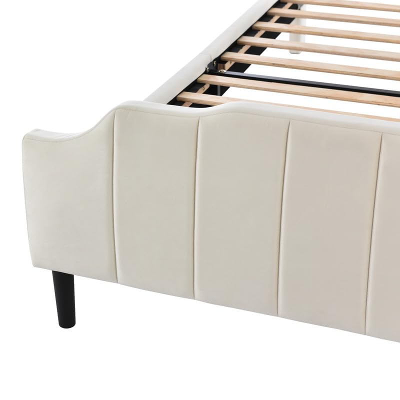 FDSPDO Queen Size Upholstered Platform Bed with Headboard and Footboard,No Box Spring Needed, Velvet Fabric,Beige