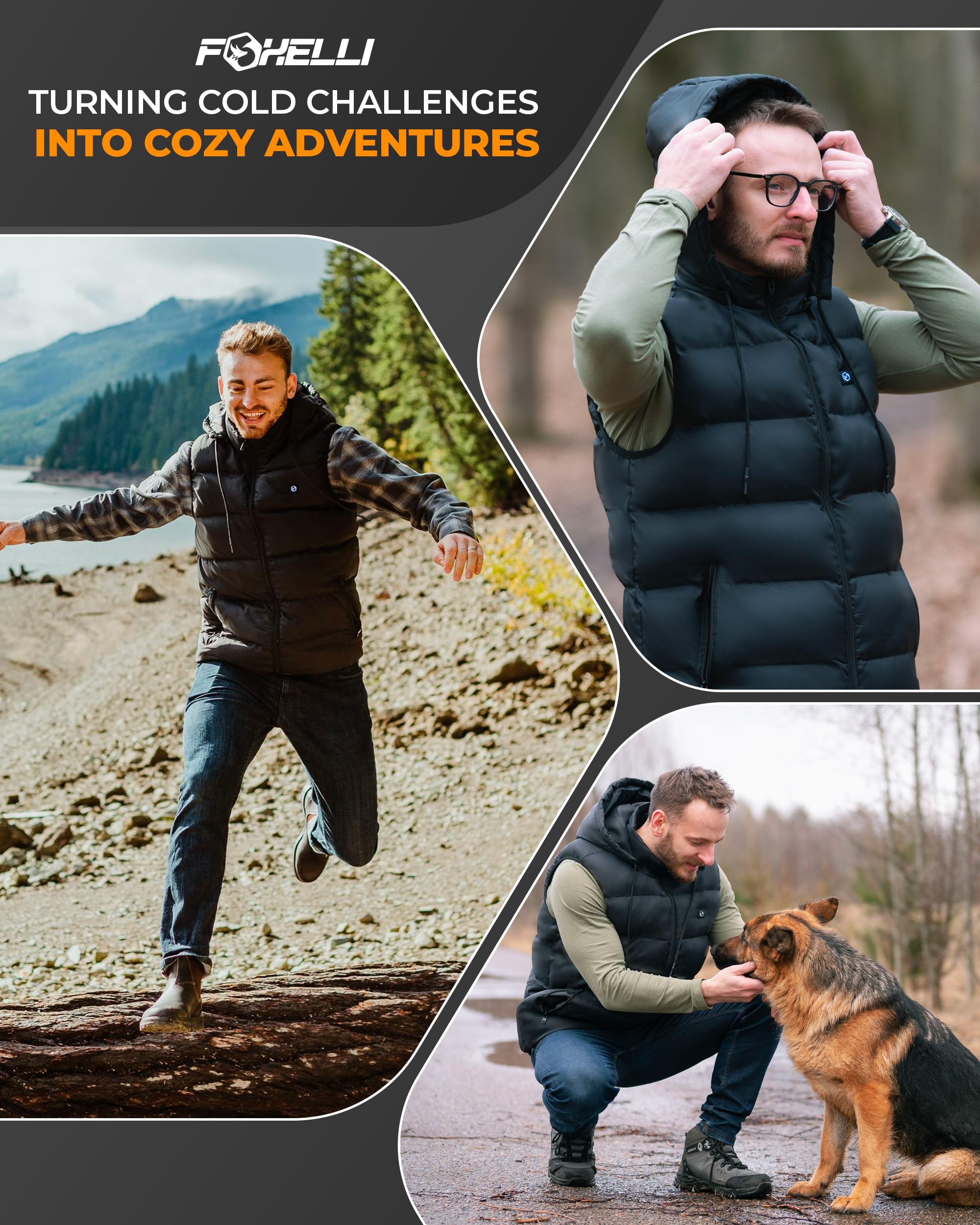 Foxelli Men's Heated Puffer Vest - Lightweight, USB Rechargeable Black Vest for Men, Men’s Winter Outerwear Vest with Battery