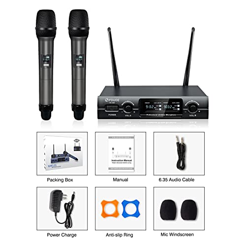 FDUCE Wireless Microphones System, Metal Dual Channel UHF Dynamic Microphone, Cordless Handheld Mics for Party, Home Karaoke, Conference Church, Wedding, Speech, SV322 (Gray)