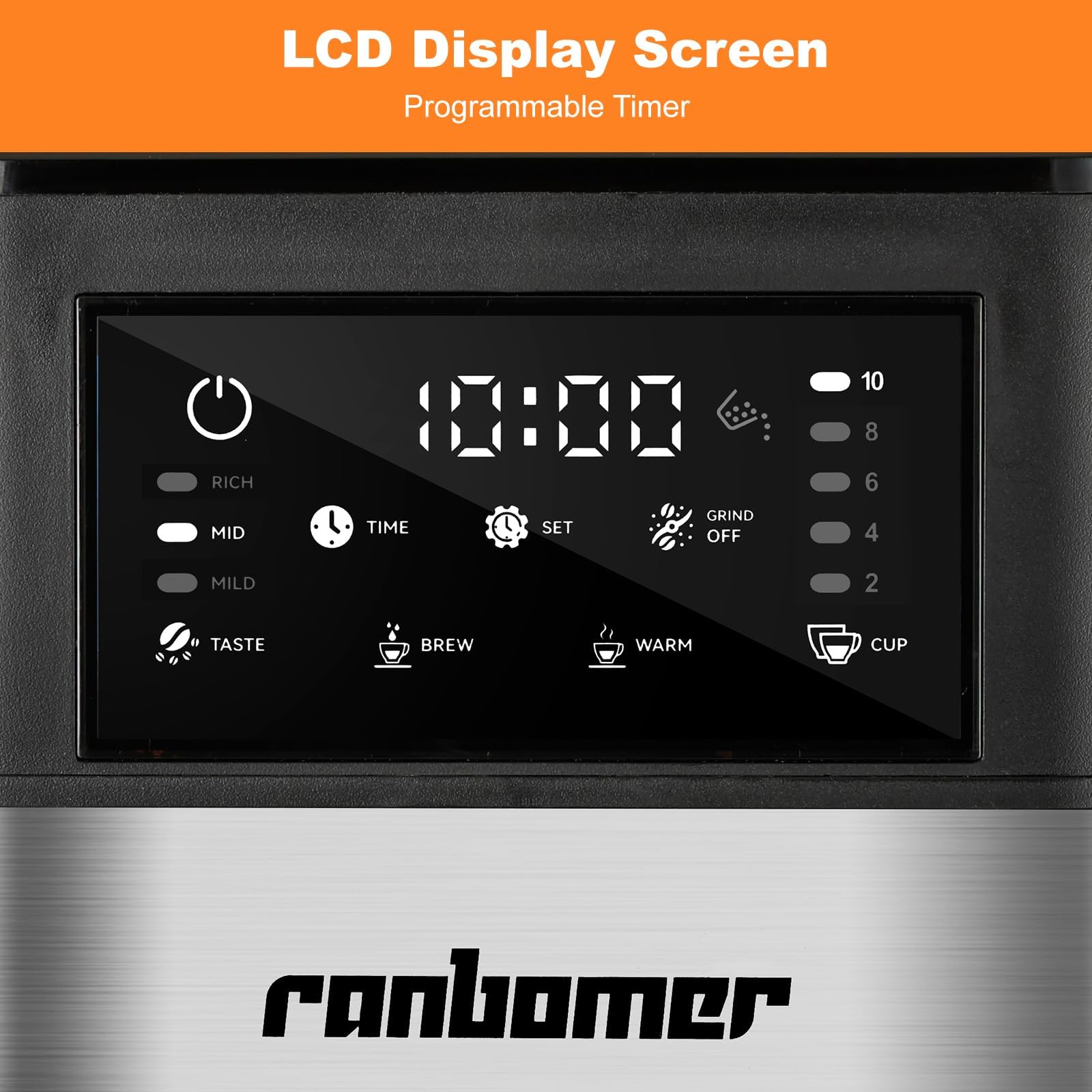 Ranbomer Coffee Maker With Grinder, 10 Cup Coffee Machine,Programmable Grind & Brew, Keep Warm Plate Coffee Machine and Burr Grinder Combo,51 oz