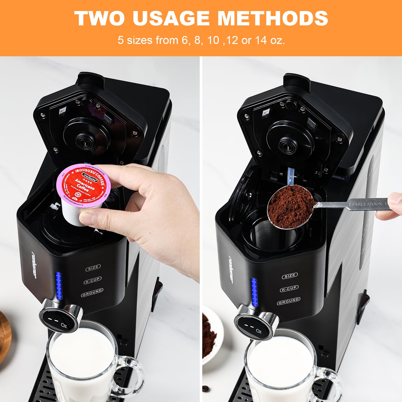 Ranbomer K Cup Pod Coffee Maker,One Cup Coffee Machine Brew 6-14 oz Ground Coffee Maker,Compact Design 48-oz,Single Serve,2 in 1, Black..