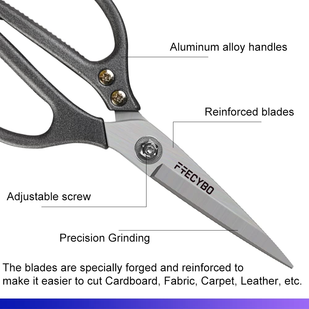 FTECYBO Heavy Duty Scissors 9'', All Purpose, Leather Scissors, Reinforced Stainless Steel Blades with Metal Handles for Home, Office, Easy Cutting Cardboard, Fabric, Carpet, Leather