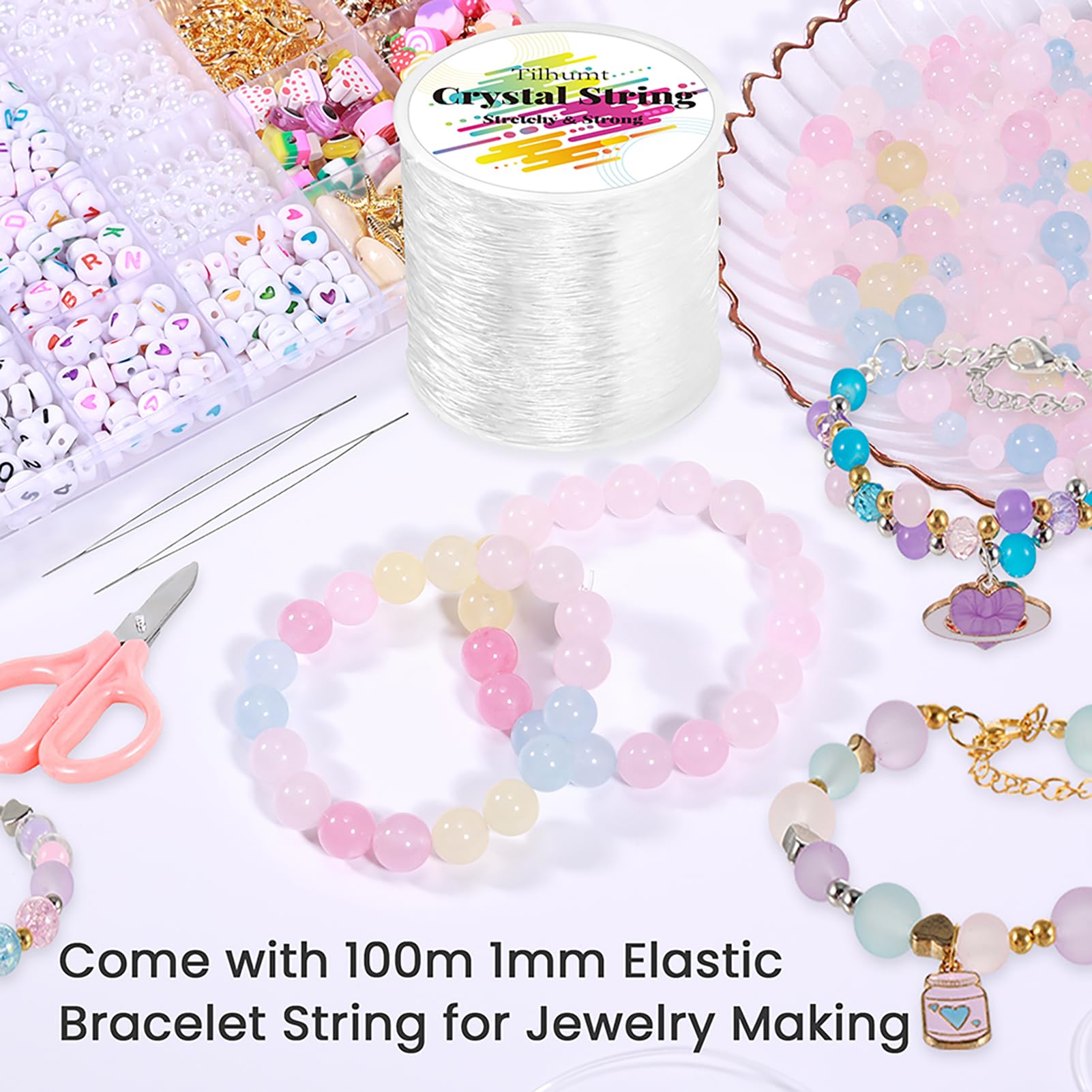 Tilhumt 1mm Elastic String, 328Feet Stretchy Bracelet Crystal String with 2 Beading Needles and 1 Scissors for Beading and Jewelry Making
