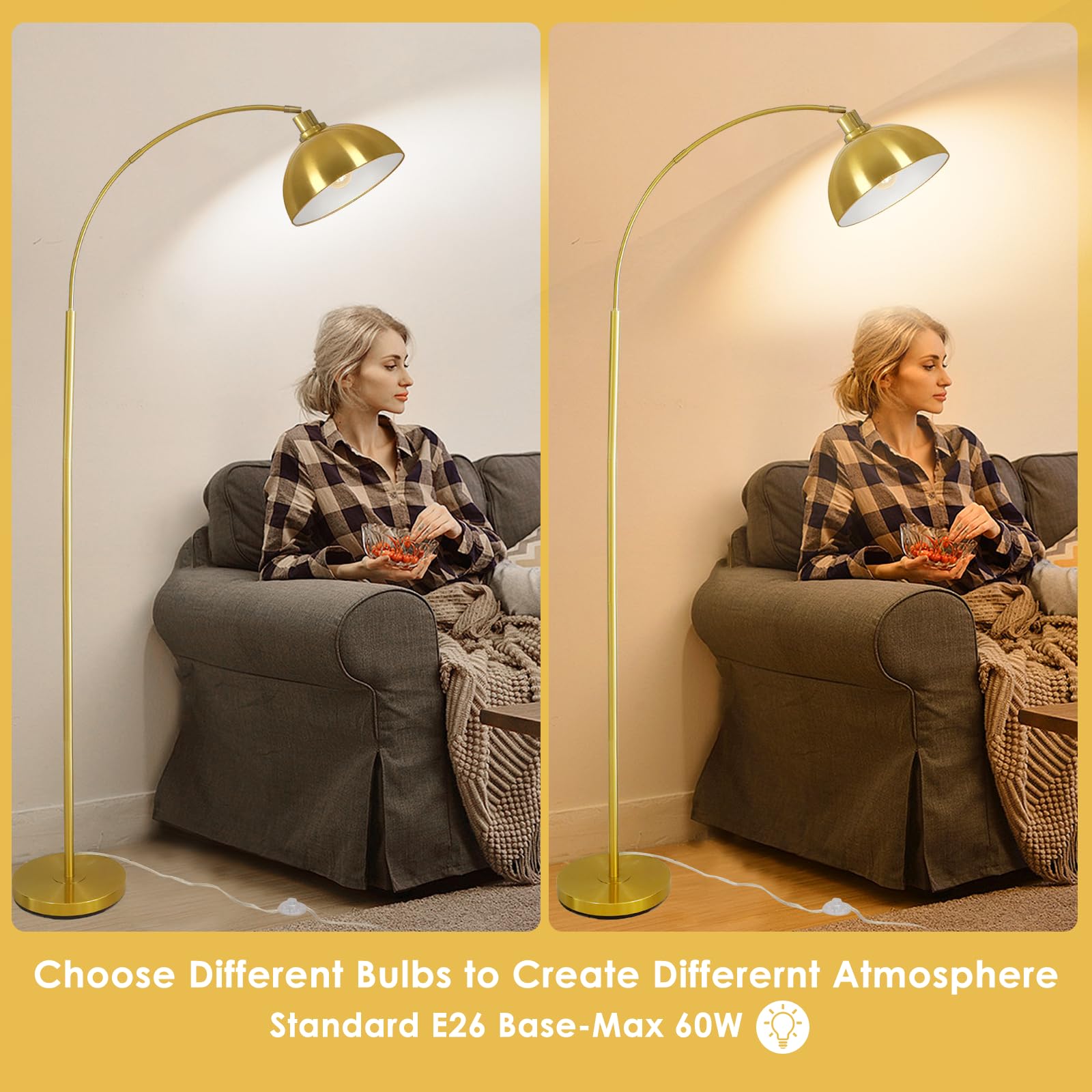 gernehop Arc Floor Lamps for Living Room,Modern Tall Standing Lamp Gold Floor Lamp with Adjustable Hanging Dome Shade,Over Couch Mid Century Arched Reading Lamp for Bedroom,Office