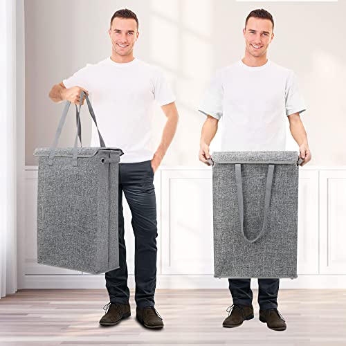 TEAYINGDE slim Laundry Basket with Lid, Tall Thin Laundry Hamper with Handles, Waterproof Lining Narrow Dirty Clothes Hamper for Bathroom Bedroom Dorm Organization Storage, 45L Grey