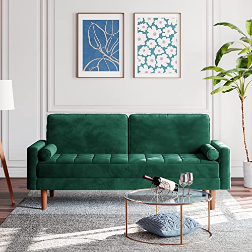 Vesgantti 58 inch Loveseat Sofa, 2 Seater Sofa for Small Space, Button Tufted Green Velvet Couch with 2 Pillows, Mid Century Modern Couch w/Armrest, Small Couches for Living Room, Bedroom, Apartment