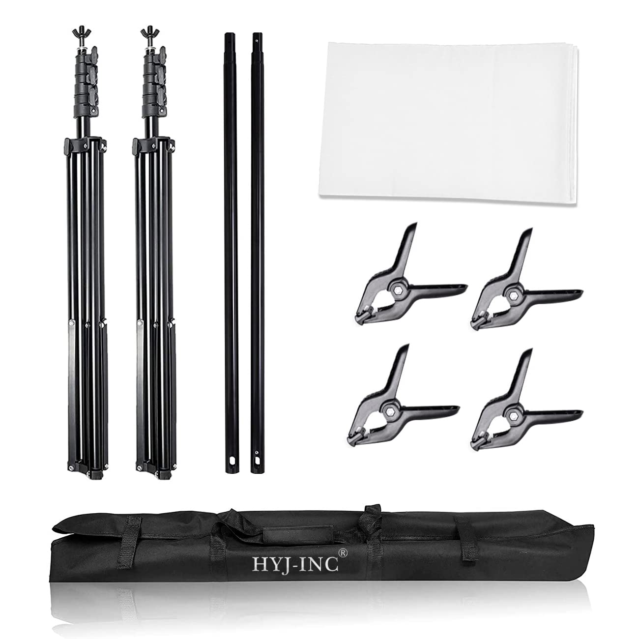HYJ-INC Photo Background Support System with 8.5 x 10ft Backdrop Stand Kit, 100% White Cotton Muslin Backdrop,Clamp, Carry Bag for Photography Video Studio