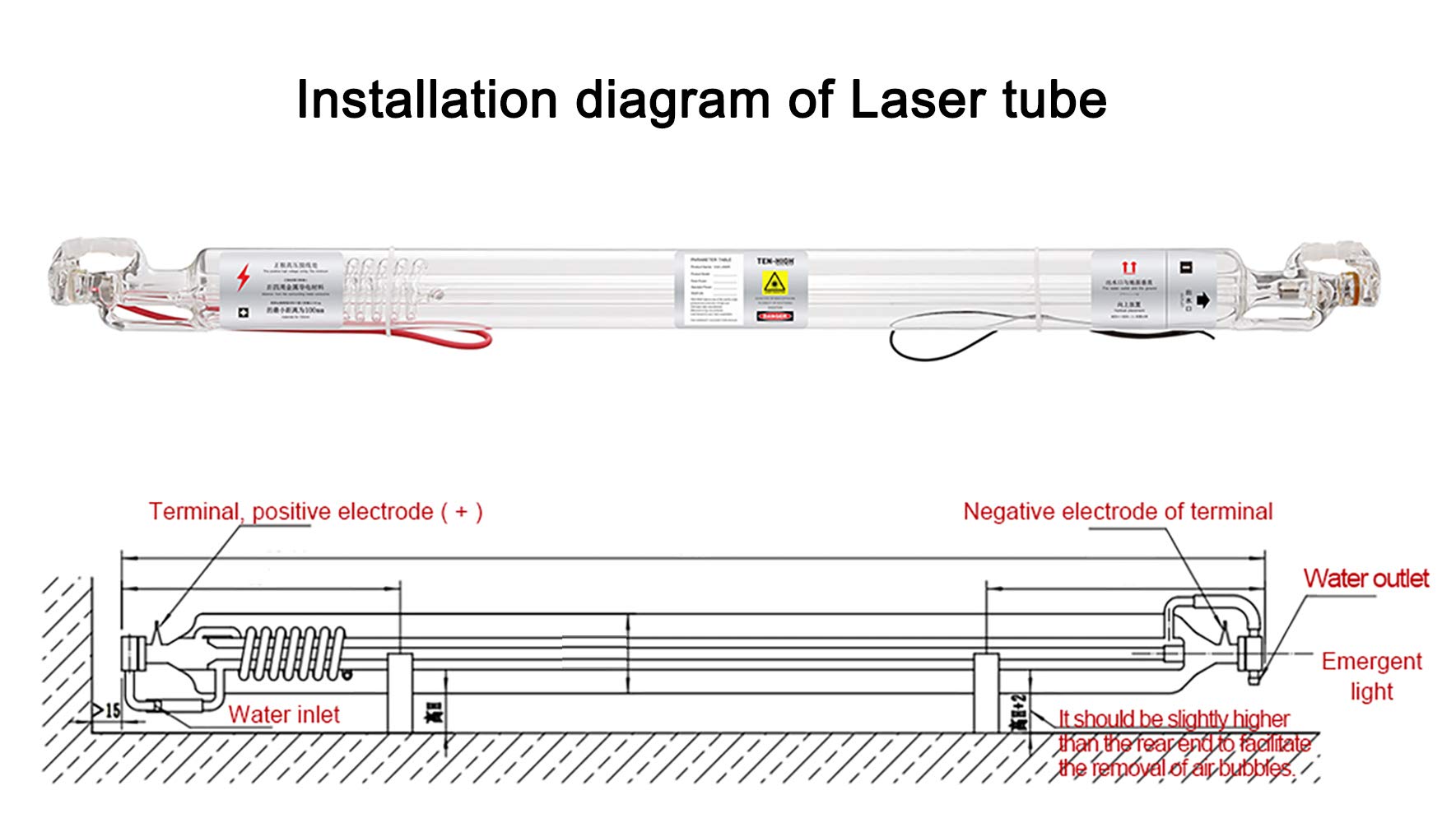 TEN-HIGH 40W CO2 Laser Tube 700mm D50mm, Wires Preconnected with Coating, for Laser Cutter Laser Engraving Cutting Machine