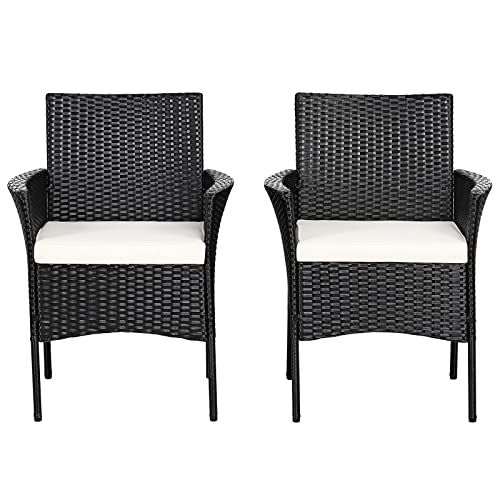 Patio Chairs Set of 2, All Weather Rattan Wicker Dining Chairs with Soft Removable Cushions, Armrest, Outdoor Dining Chairs for Garden, Pool, Backyard, Lawn, Porch, Black