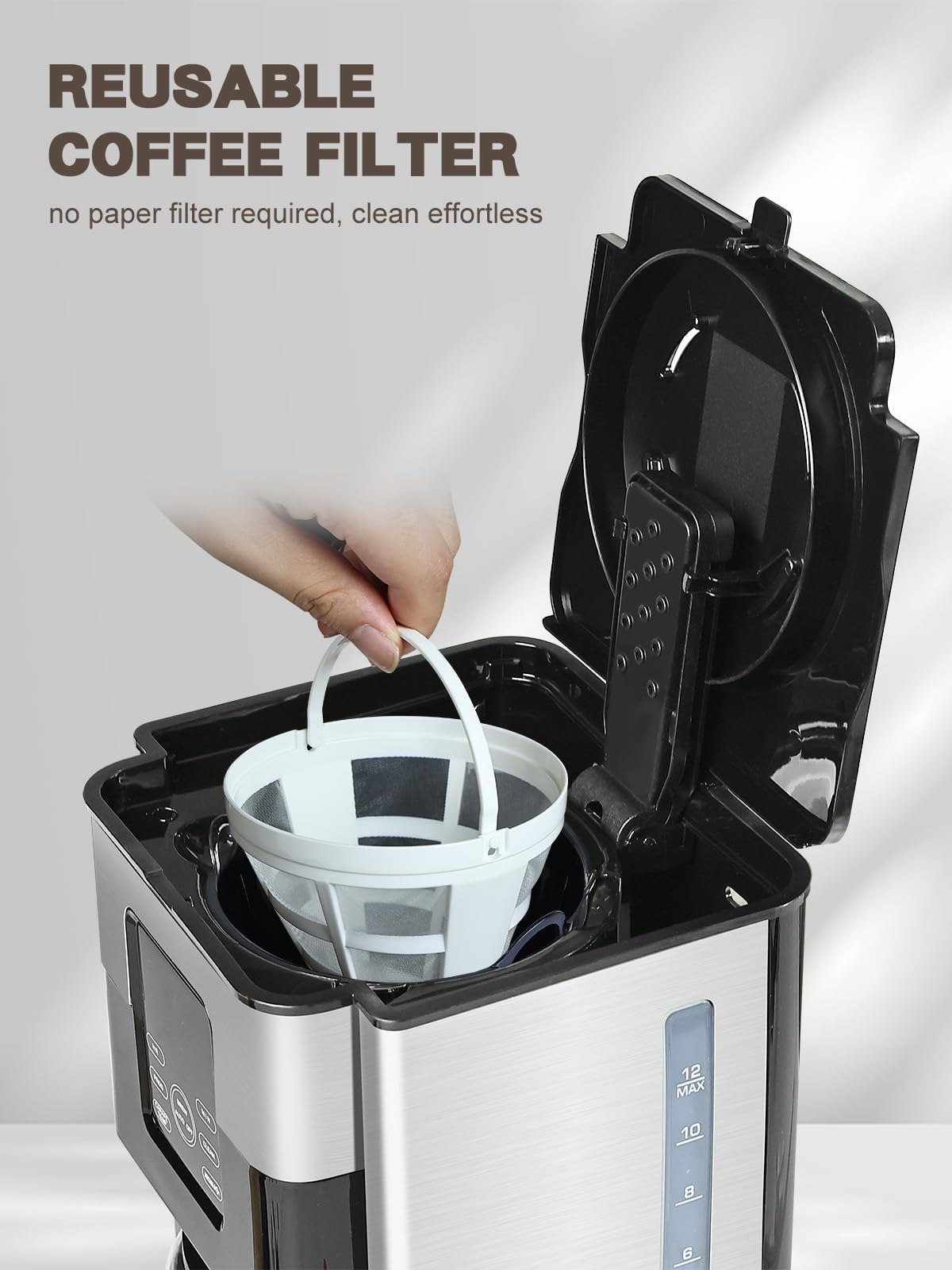 Homtone Coffee Maker 12 Cup Programmable, Anti-Drip Digital Coffee Machine, Brew Strength Control Coffee Maker for Hot Coffee, Stainless Steel, LCD Touch Screen, Permanent Filter, 1000W