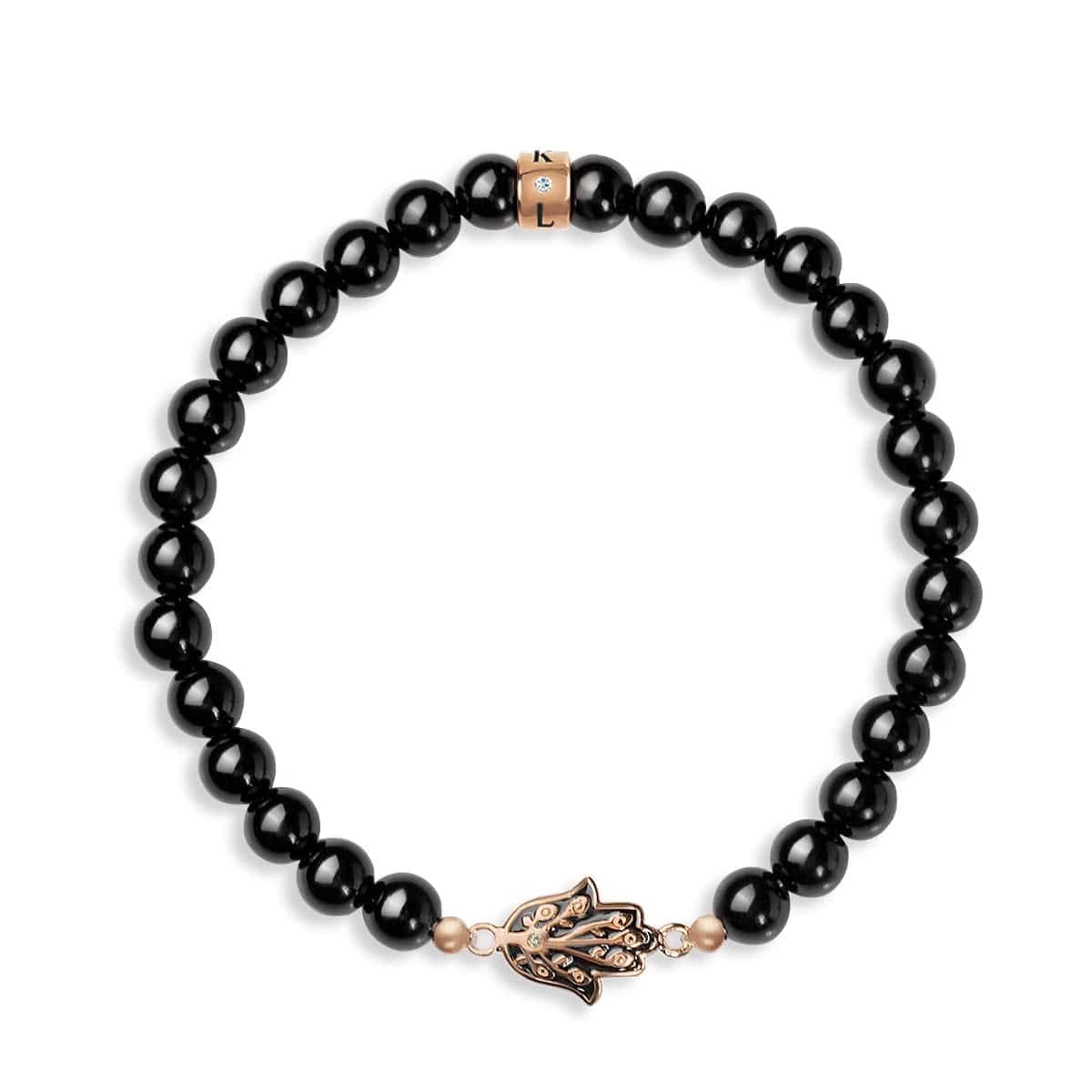 KARMA AND LUCK - Improved Endurance- Gorgeous Hamsa Genuine Black Onyx Stone Bracelet with Embedded Diamond Chip for Women. Ready to Gift for Her. Size: 7" stretch