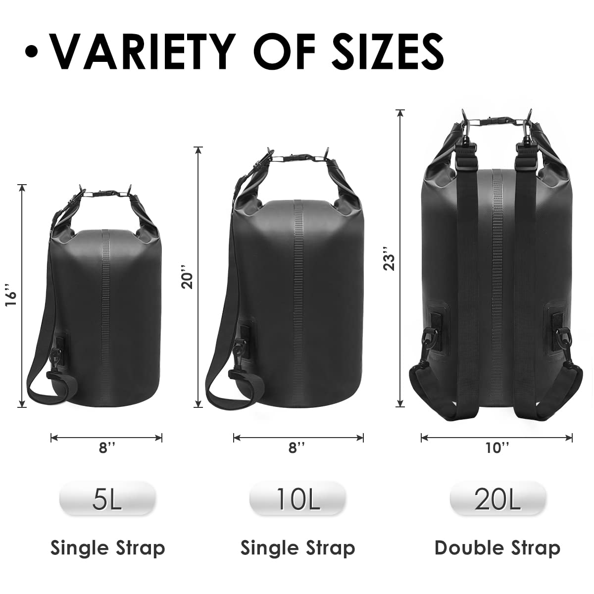 Grassman Waterproof Dry Bag, Backpack PVC Dry Storage Bag with shoulder straps, 3 Packs 5L/10L/20L dry Bags for Camping, Swimming, Boating, Kayaking