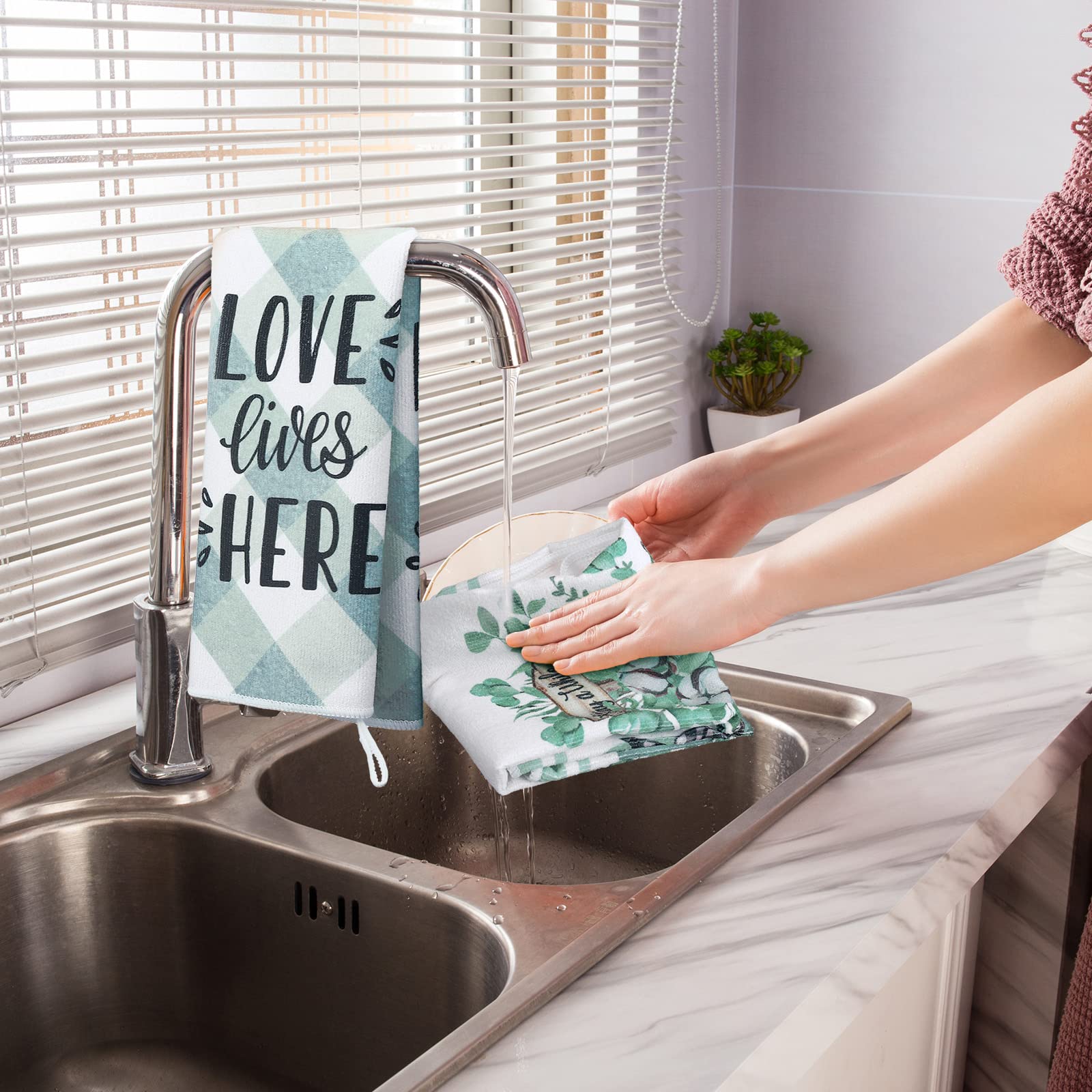 Kajaia 6 Pcs Spring Kitchen Towels Eucalyptus Leaves Hand Towels 15.7 x 23.6 Inch Summer Green Dish Towel Farmhouse Absorbent Decorative Tea Towels Dishcloths for Home Bathroom Decor Housewarming Gift