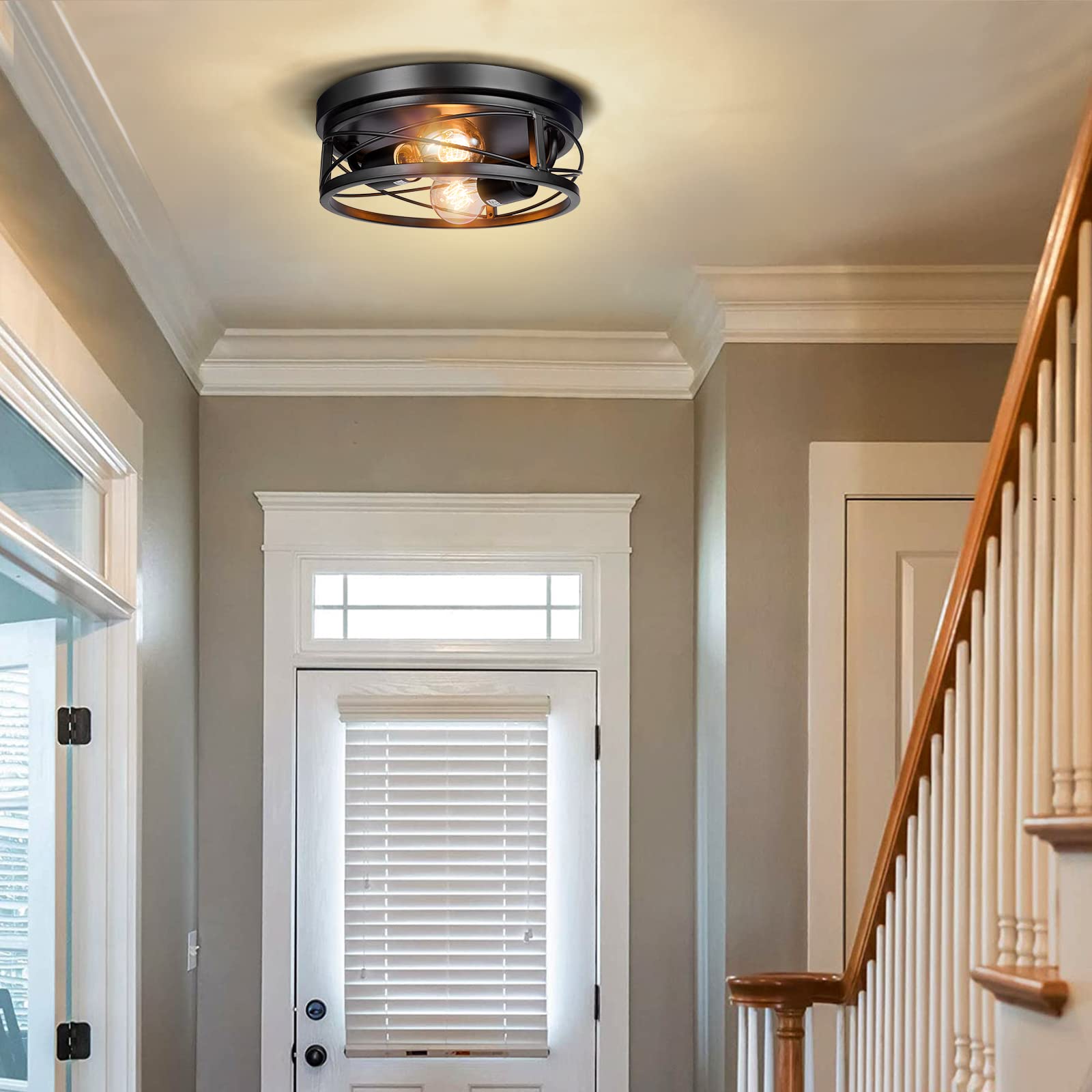 Feanron Farmhouse 2-Light Black Flush Mount Ceiling Light Fixtures, Industrial Vintage Metal Cage Closed to Ceiling Mount Lamp for Hallway Kitchen Bedroom 2 Pack, A19 LED Bulbs Included