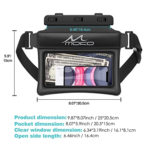 MoKo Waterproof Phone Pouch Fanny Pack, Floating Dry Bag for Swimming Kayaking Snorkeling, Compatible with iPhone 14 13 12 11 Pro Max X/Xr/Xs Max, Galaxy S21 Ultra/S9/Note 10 Plus, Black