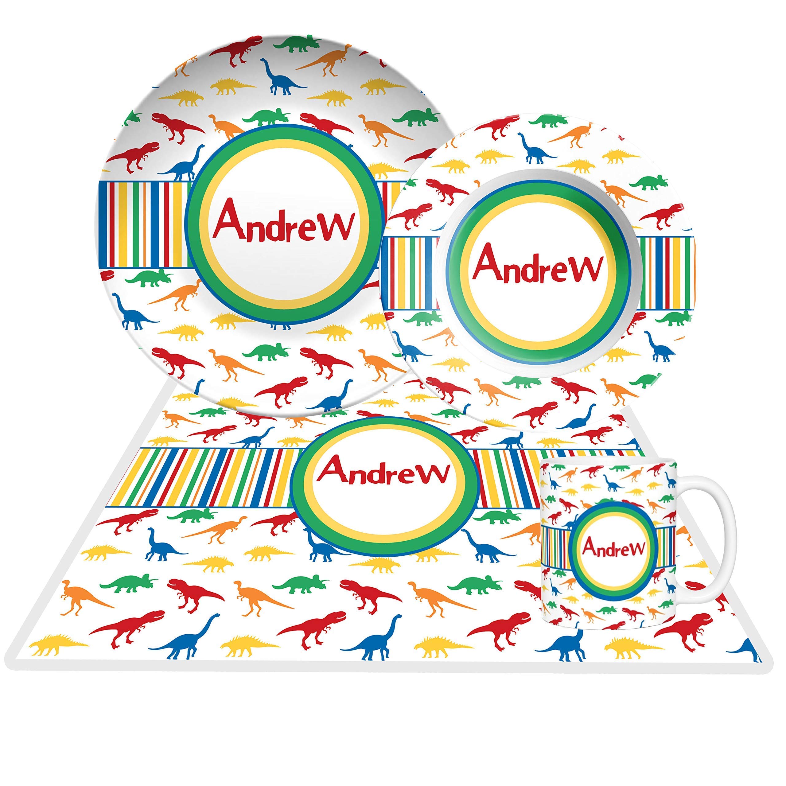 Kids Personalized Plate Set - Dinosaur - Personalized Dinnerware Set, Dinosaur Personalized Plate, Bowl, Placemat, Mug, Platter - Choose Your Pieces