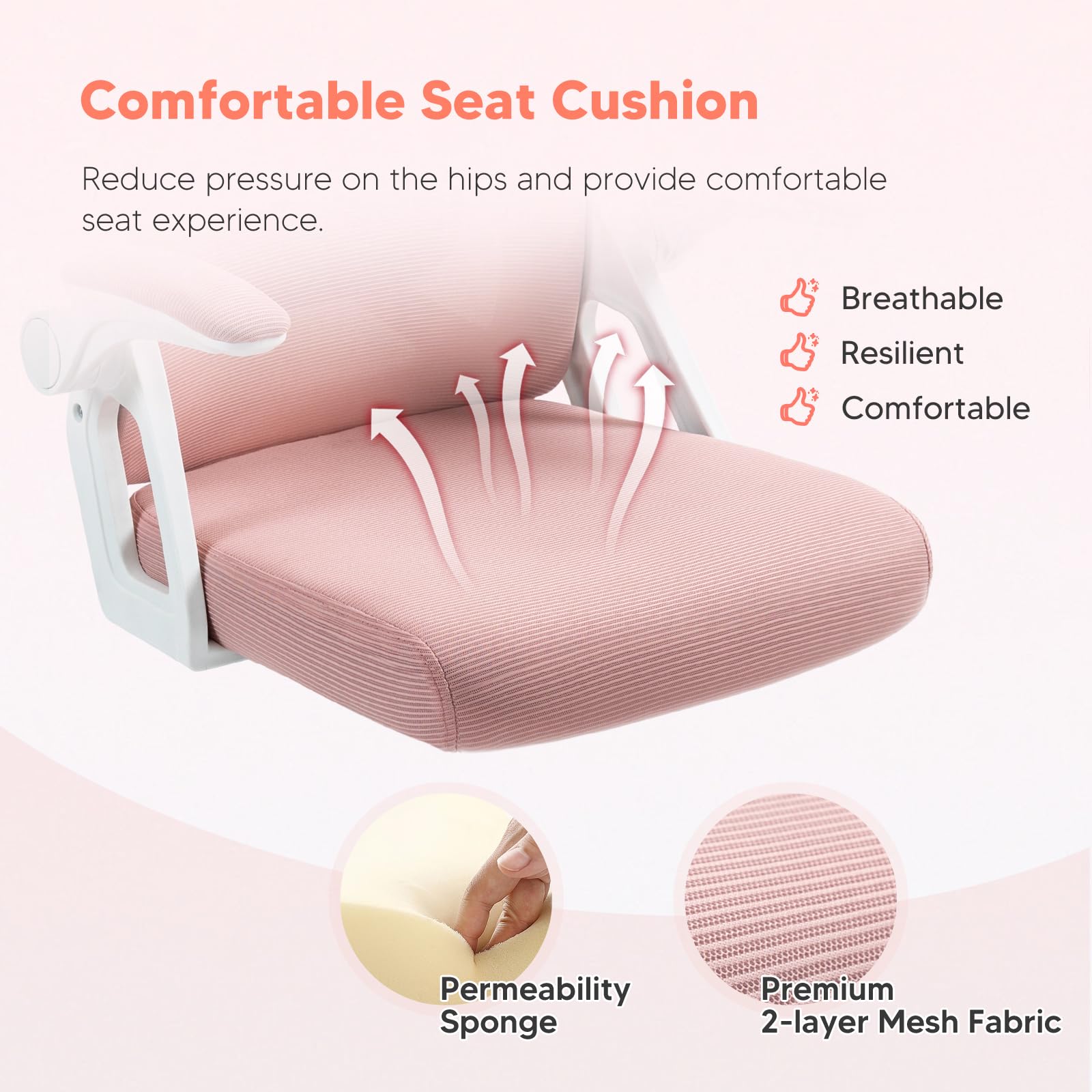 SEATZONE Ergonomic Office Chair Mesh Back Support Desk Chairs with Wheels and Flip-up Arms, Comfortable Computer Chair Lumbar Support for Teens and Adults, Dusty Pink