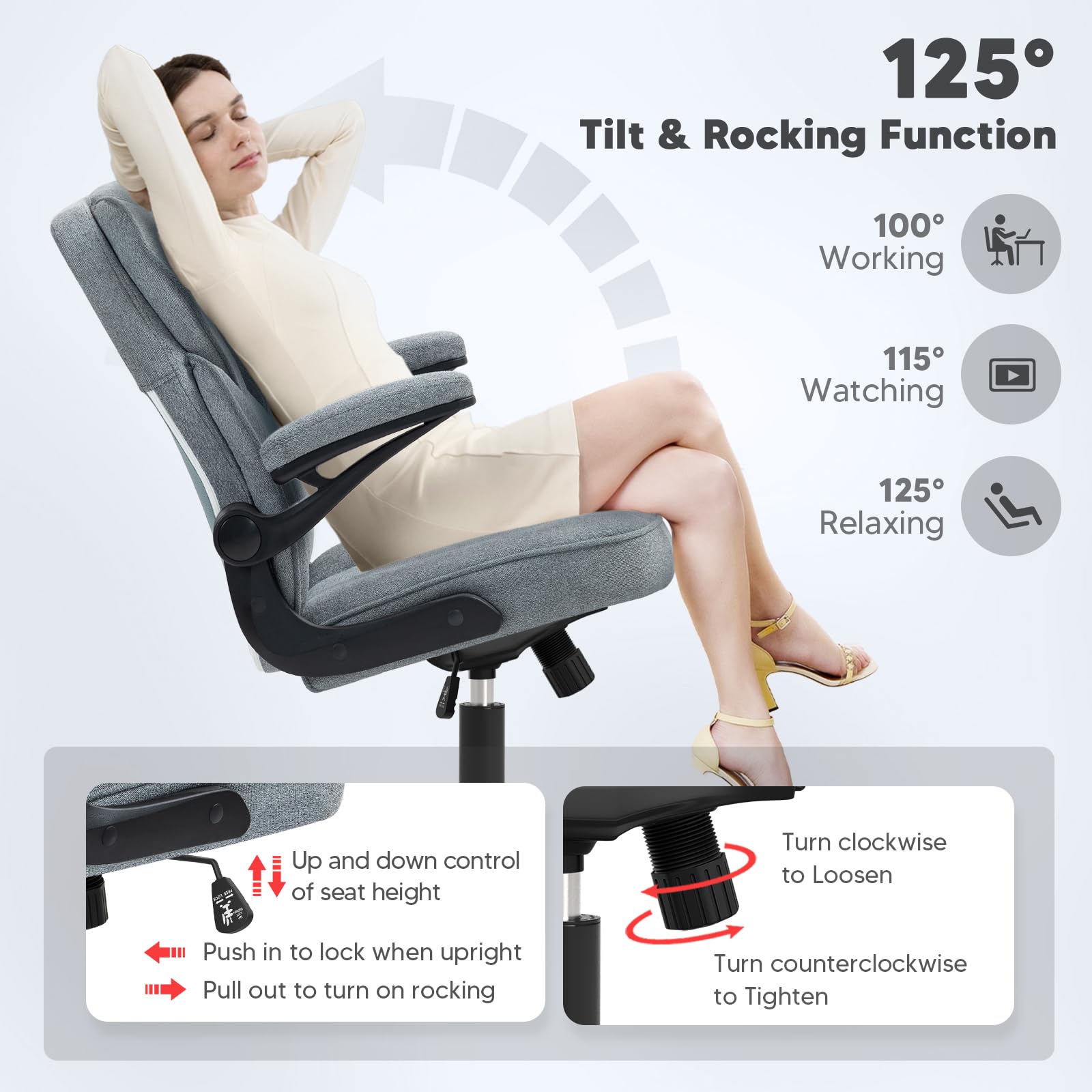 SEATZONE Ergonomic Home Desk Office Chair with Armrests and Wheels, Comfortable Swivel Task Executive Computer Chair, Velvet Fabric for Adults and Teens,Gray