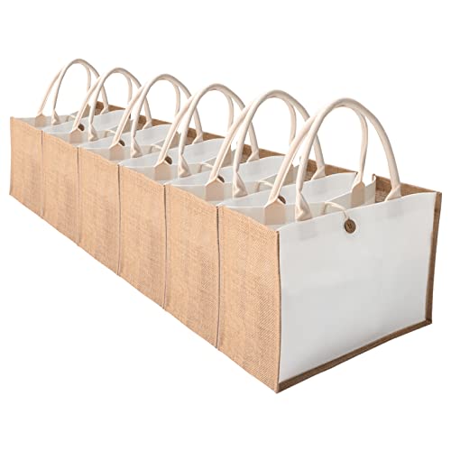 Jute Beach Tote Bags,MEIANJUN Set of 6 Burlap Tote Bags with Button Travel with Handle Grocery Bag Bridesmaid Bags Tote Bag for Beach wedding Shopping travel Arts and Crafts DIY 14.5*10.7*6.5[6pcs]