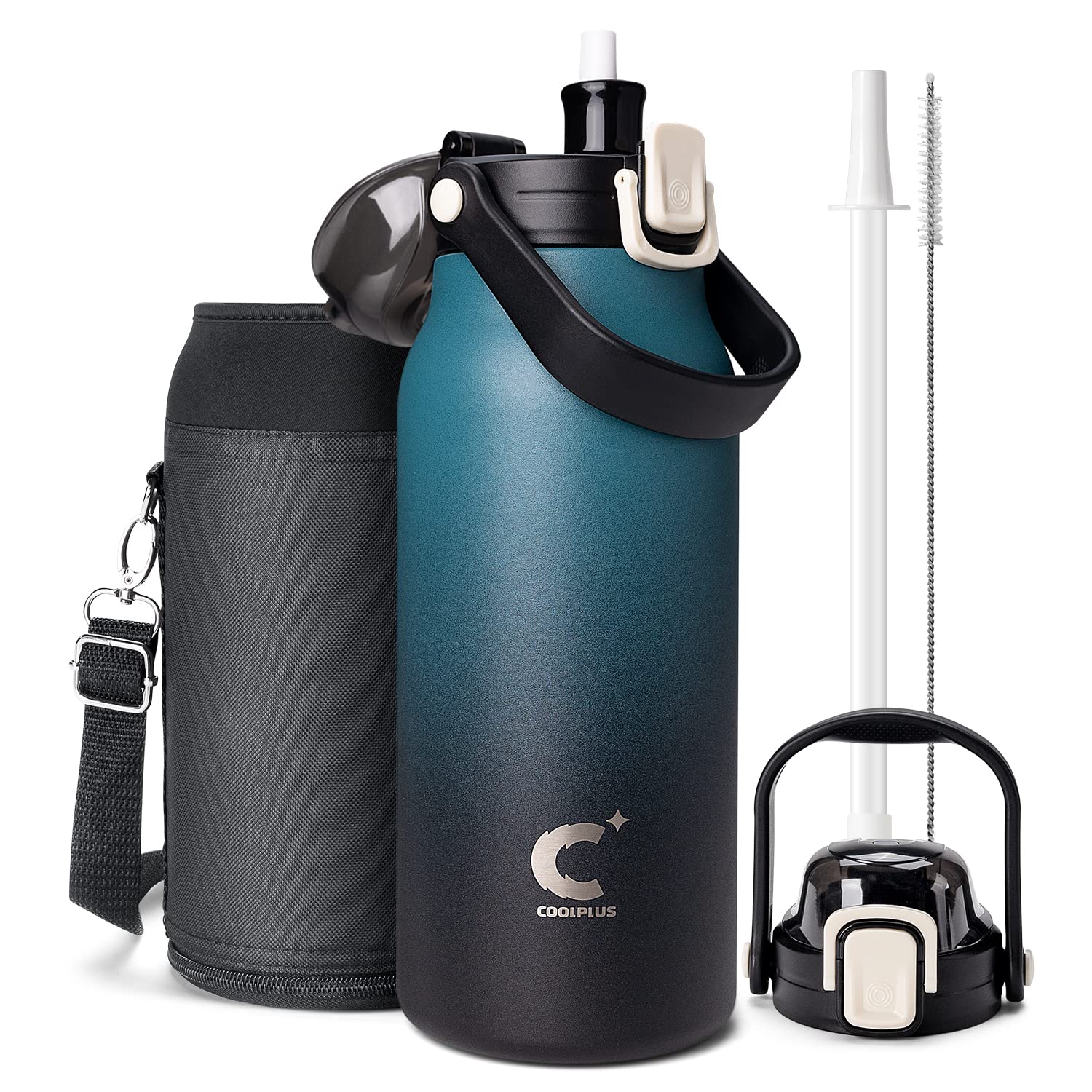 Half Gallon Water Bottle Insulated with Straw, Coolplus Large Water Jug with One-button Opening Lid, 64 oz Stainless Steel Metal Water Flask Themo Food Grade, Keep Cold 48h Hot 24h, Indigo Crush