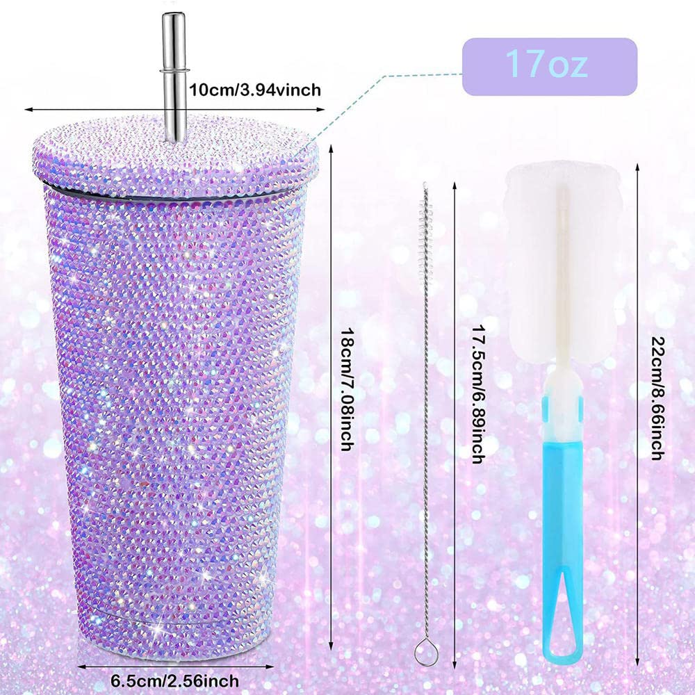 KAKAA Thermos portable 17Oz Water Bottle double stainless steel Inside 304 Outer 201 Pure Handmade Cup with Lids and Straws Studded Skinny Tumblers for women's gift (purple)