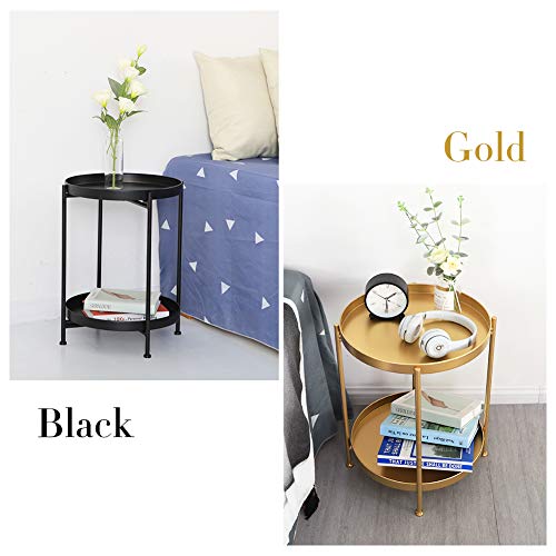 Tiita Round End Table Mental 2-Tier Side Table Nightstand/Small Iron Tables Accent Coffee Table for Living Room Bedroom Office Small Space