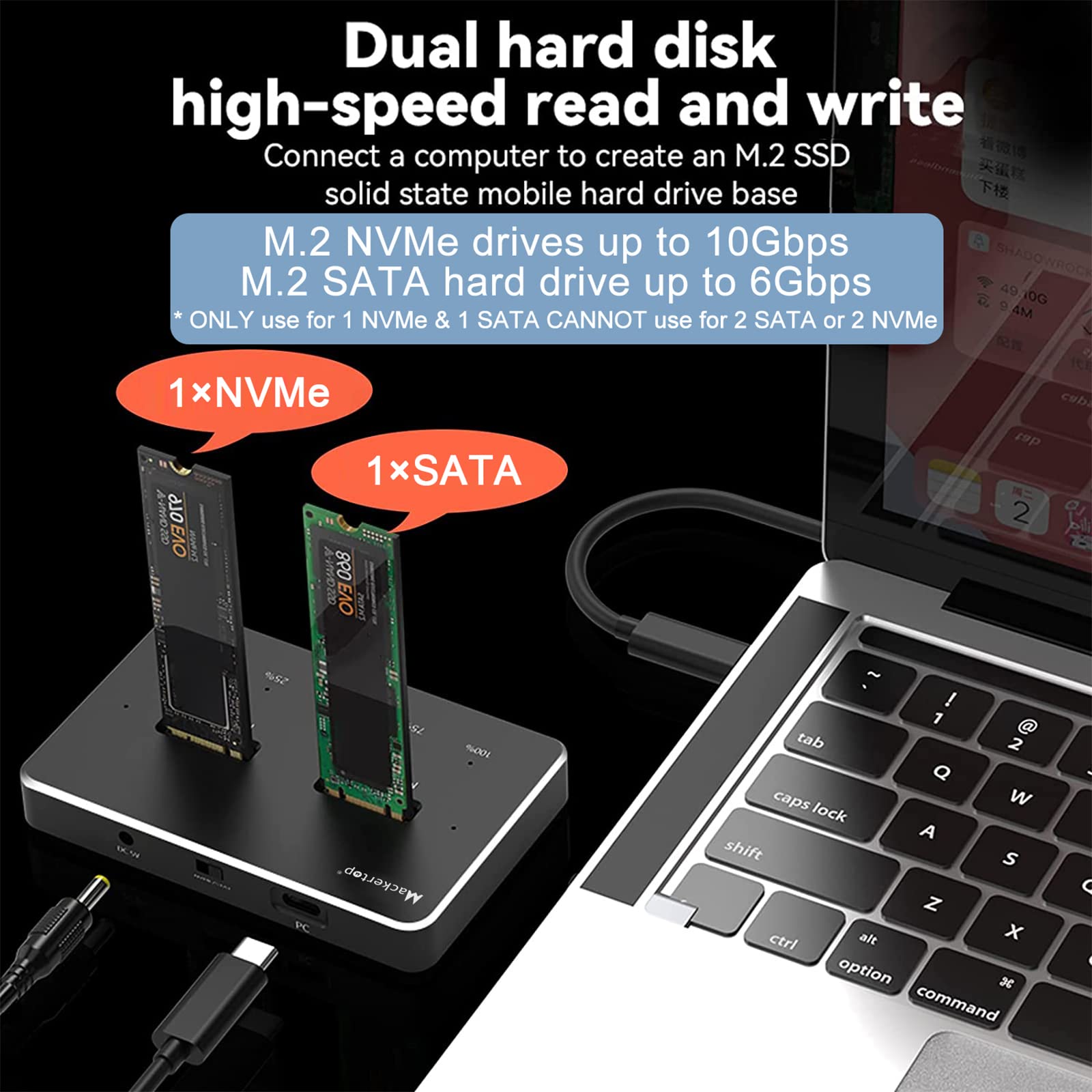 Mackertop USB C 3.1 Dual-Bay NVME Docking Station, M.2 NVME SATA External Hard Drive Enclosure Adapter, 10Gbps High Speed Reader Base Supports SATA/NVME M.2 SSD Offline Clone Duplicator
